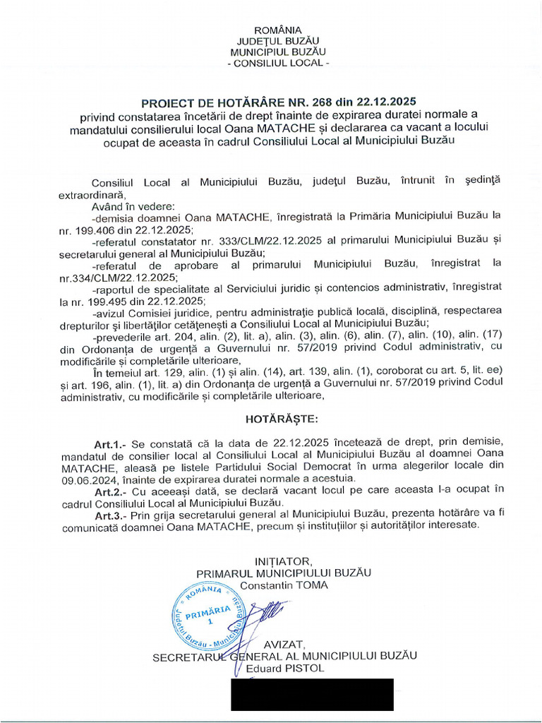 Pr. 268 Incetare Mandat Consilier Local Oana Matache | PDF