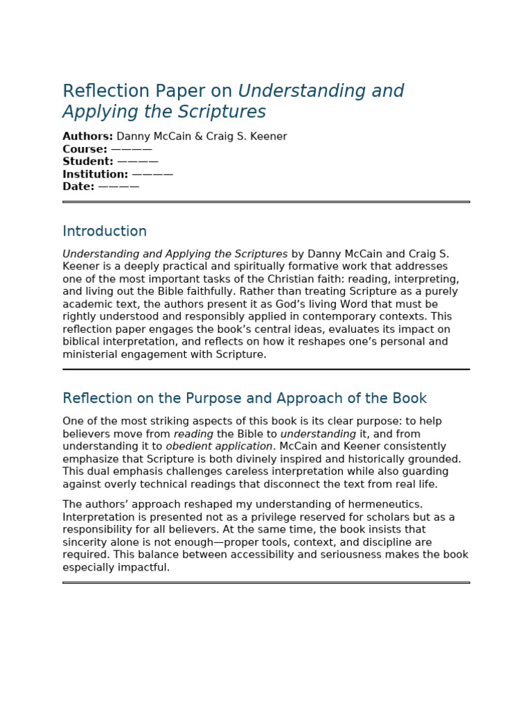 Reflection Paper – Understanding and Applying the Scriptures | PDF ...