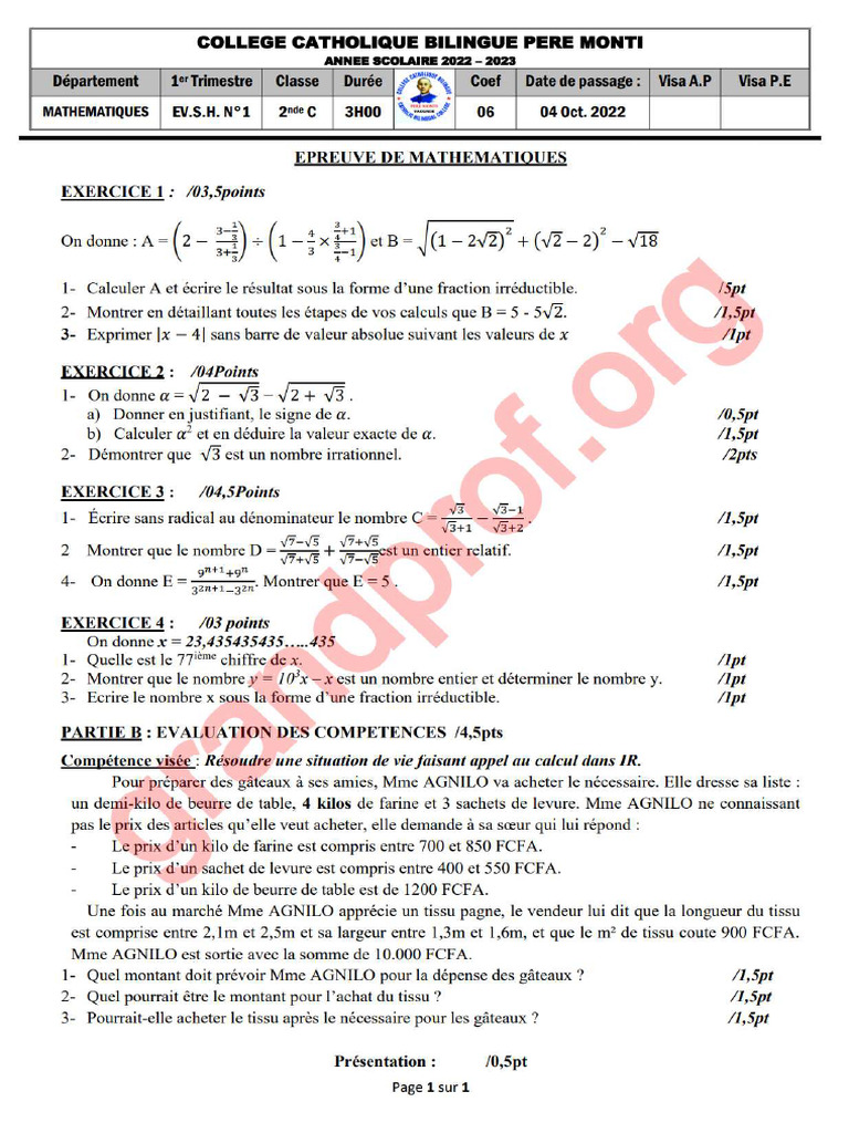 Maths 2nde C Eval 1 - 2022 2023 - Père Monti | PDF