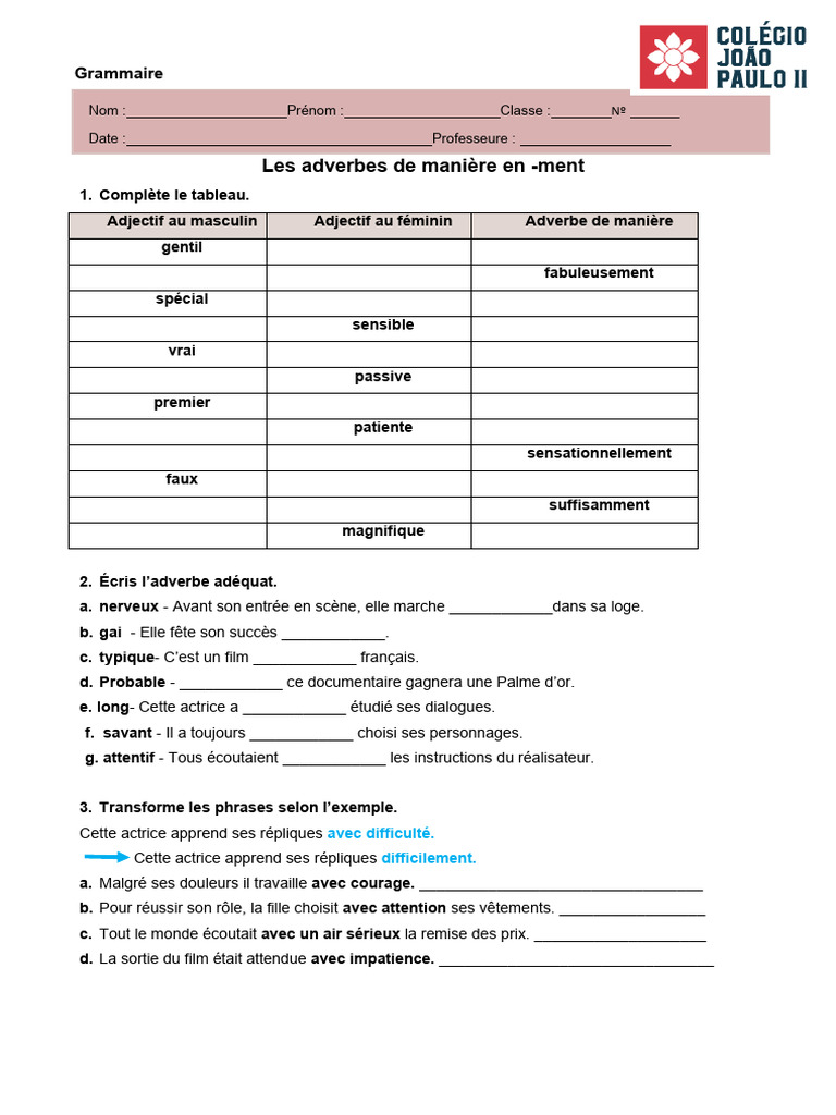 Adverbes de manière en -ment : Exercices | PDF