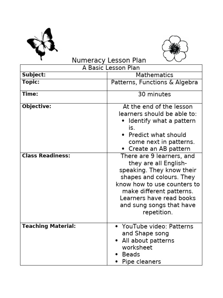 Numeracy Lesson Plan: AB Patterns | PDF | Lesson Plan | Teaching