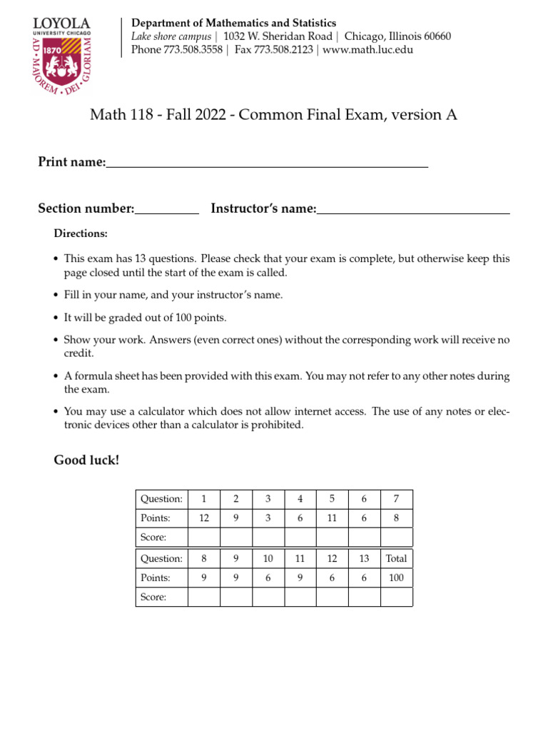 Math 118 Common Final Fall 2022 | PDF | Coordinate System | Mathematics