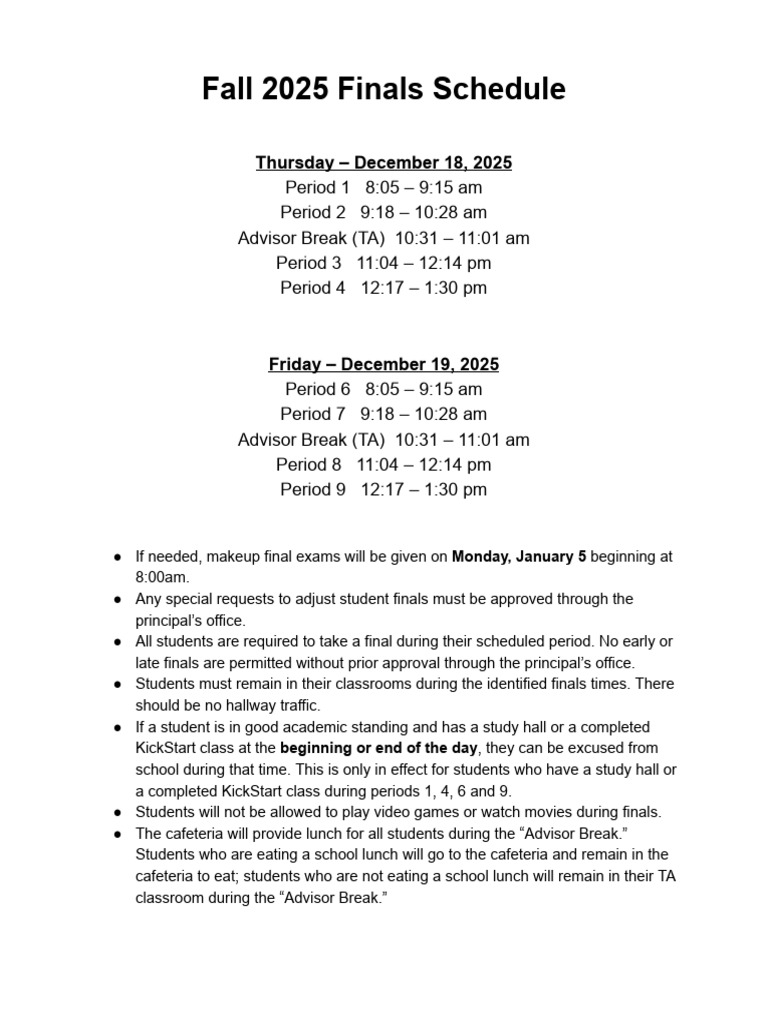 Fall 2025 Finals Schedule Details | PDF