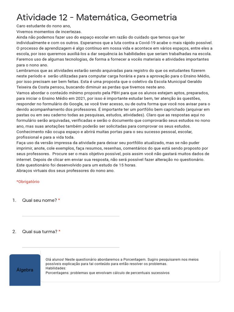 Atividade 12 - Matemática, Geometria - Formulários Google | PDF ...