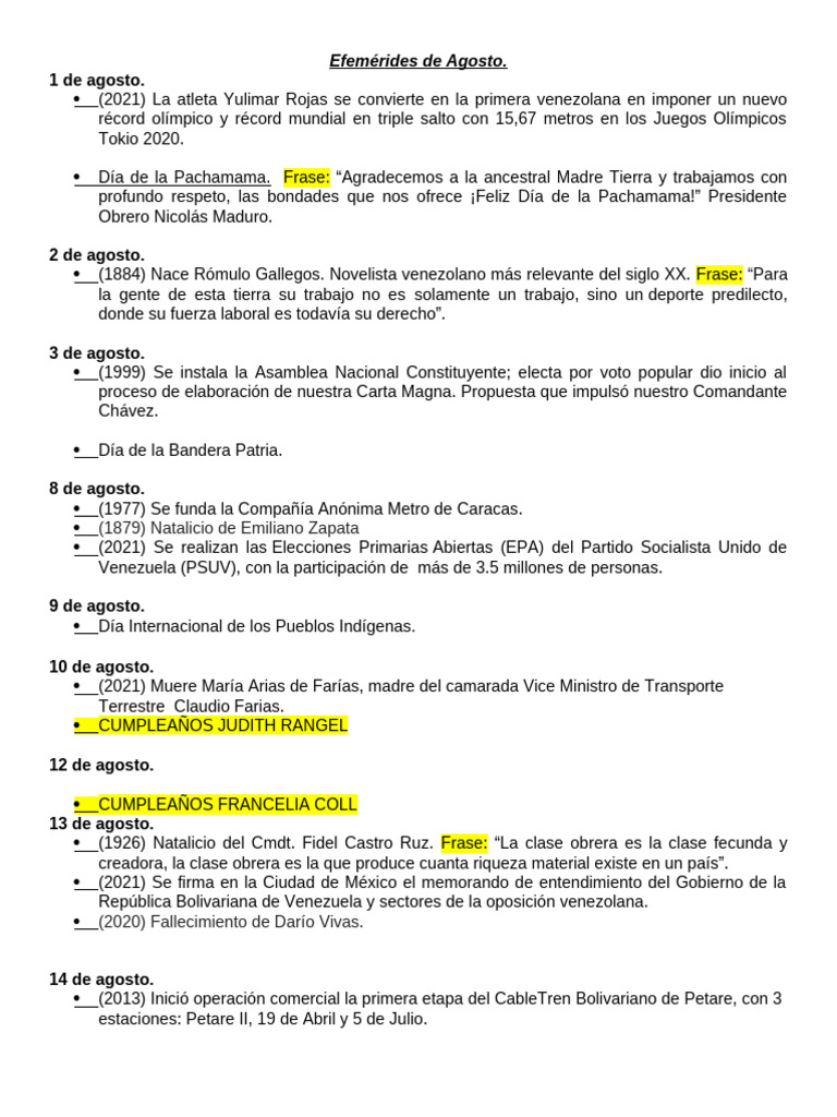 2023 EFEMERIDES AGOSTO | PDF | Venezuela | Hugo Chavez