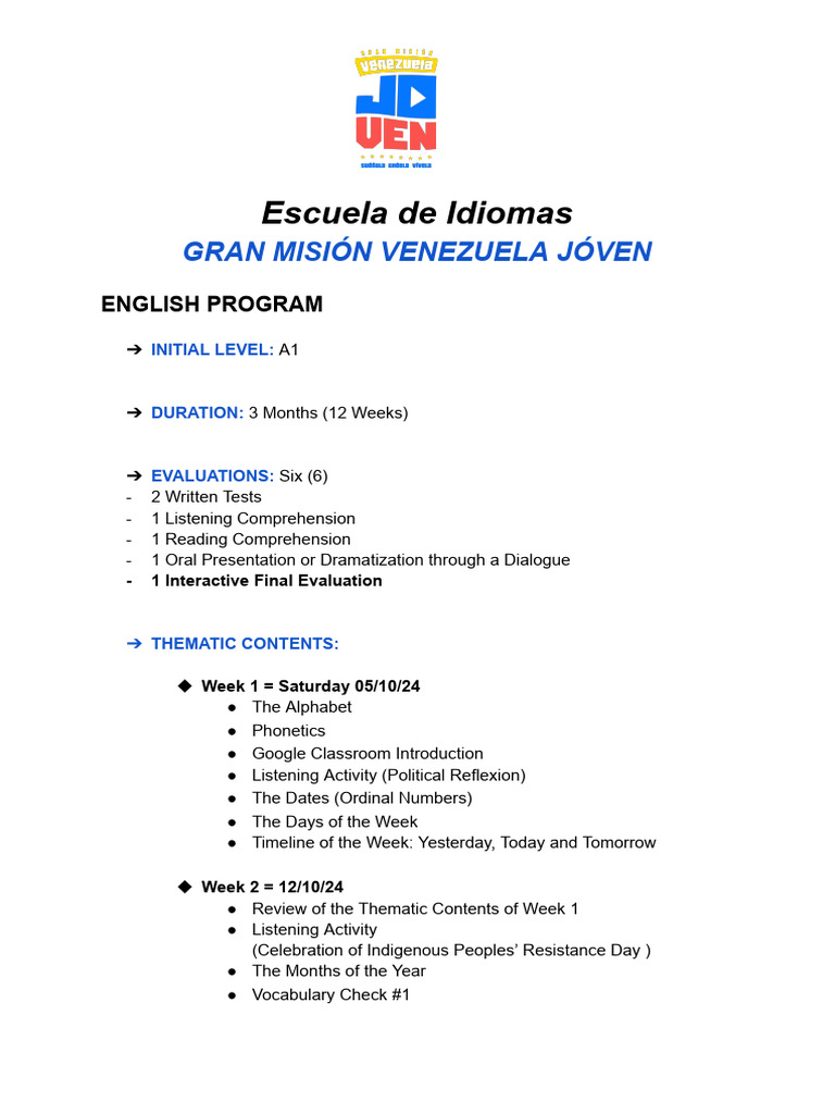 Programa de Inglés AM (Nivel A1) - ACADEMIA DE IDIOMAS | PDF ...
