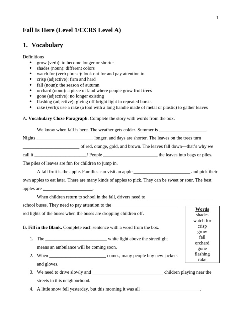 Fall Vocabulary and Activities Guide | PDF | Apple | Verb