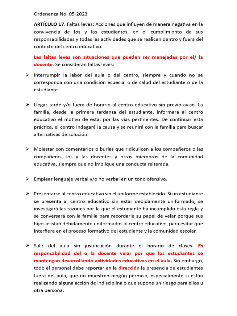 Ordenanza No. 05-2023 Faltas leves | PDF | Salón de clases | Maestros