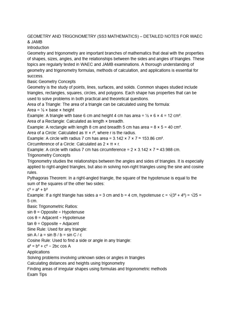 Geometry & Trigonometry Notes for WAEC | PDF | Trigonometry | Area