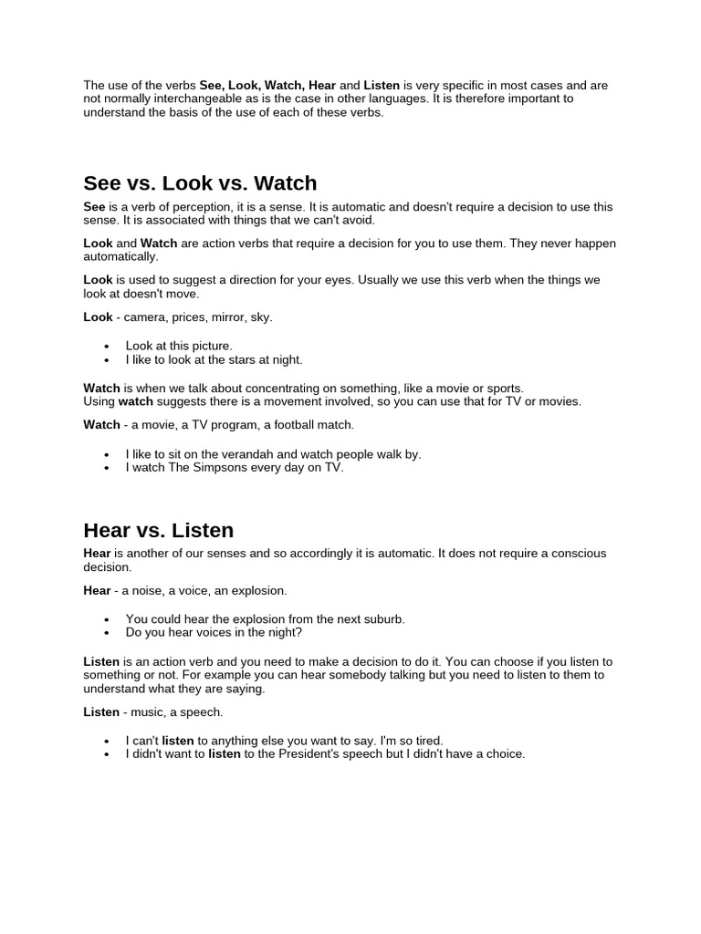 See, Look, Watch, Hear and Listen | PDF | Senses