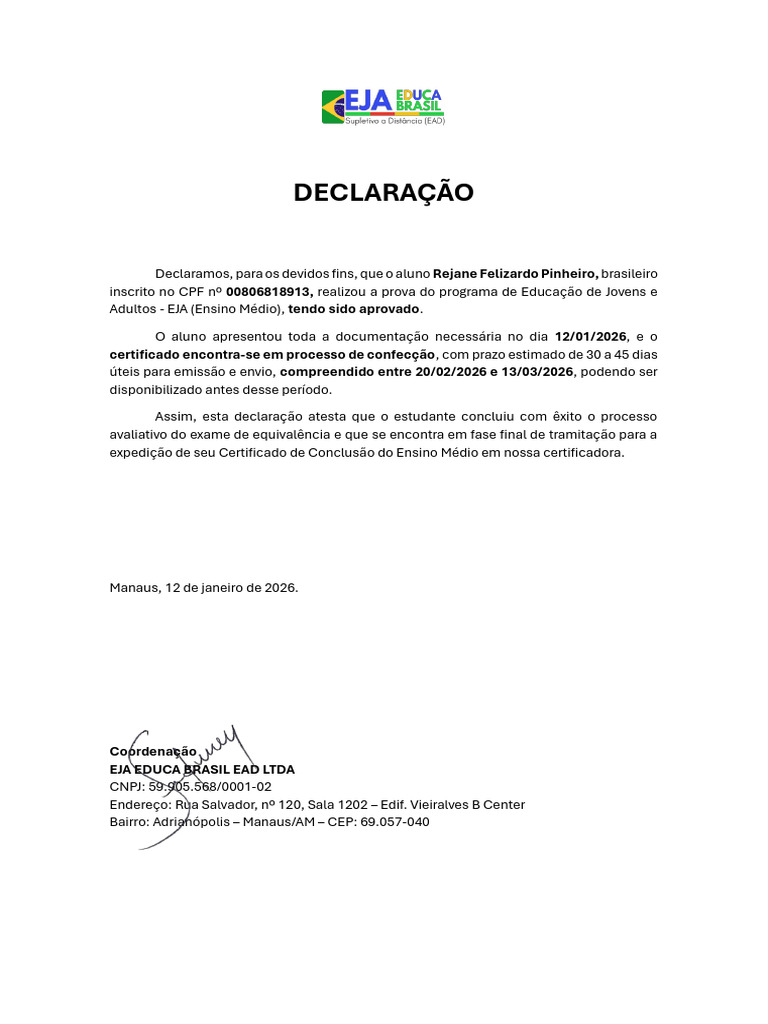 DECLARAÇÃO REJANE | PDF