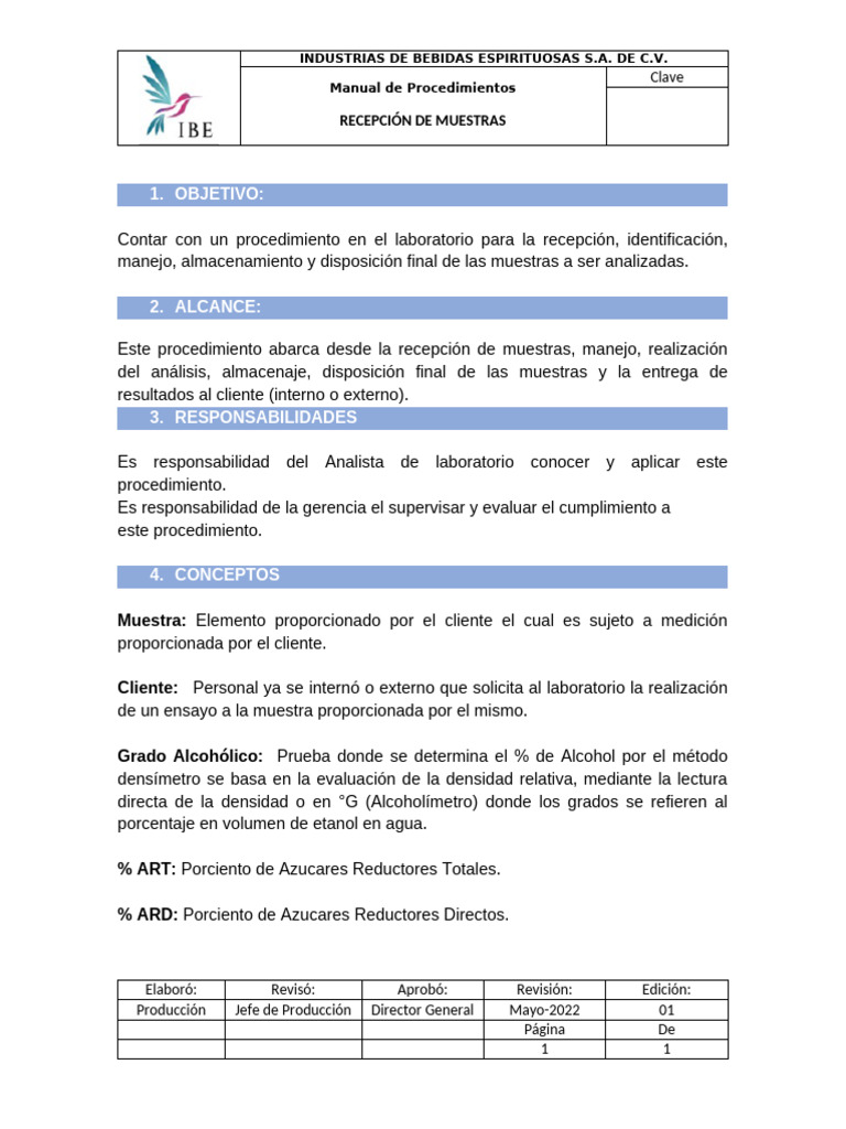 Procedimiento de Recepción de Muestras | PDF | Laboratorios | Etanol