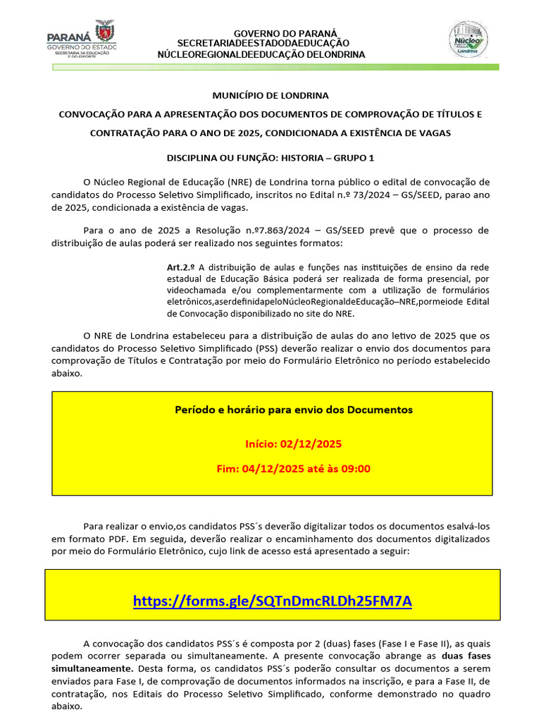 Historia_Distribuicao_Aulas_Edital_73_2024_Londrina_04_12_2025 | PDF