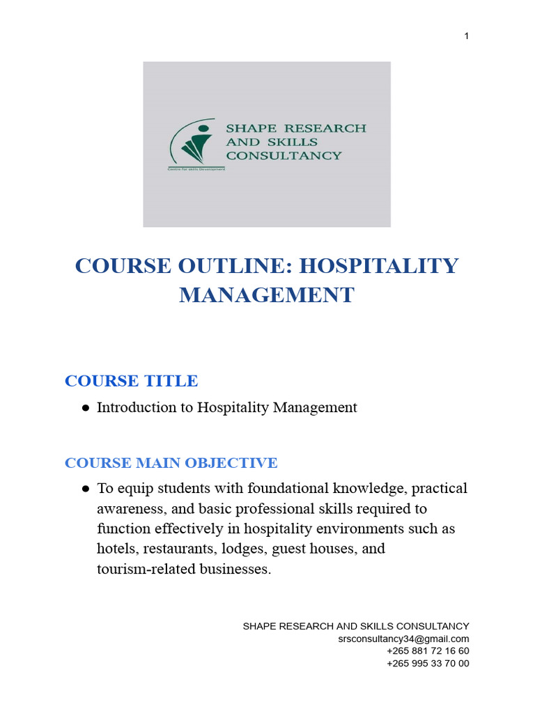 Introduction to Hospitality Management Course | PDF | Hospitality ...