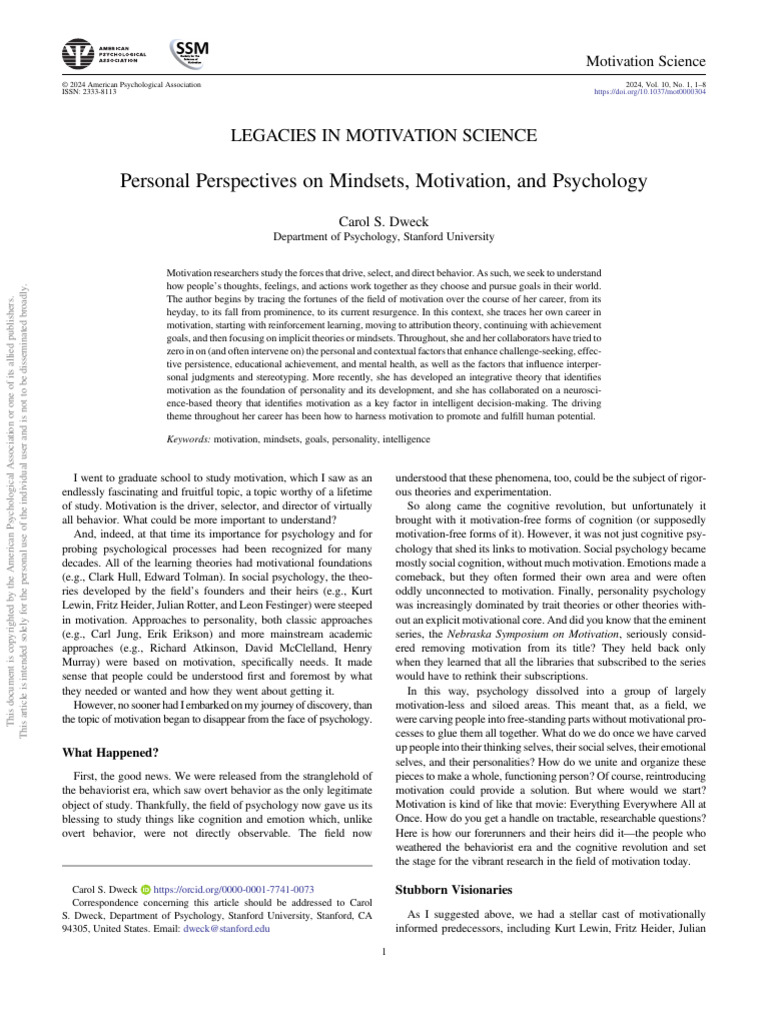 1 Personal Perspectives on Mindsets, Motivation, And Psychology | PDF ...