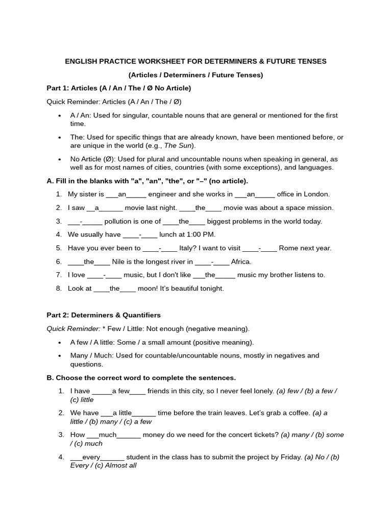 English Practice Worksheet for Determiners | PDF | Noun | Language ...