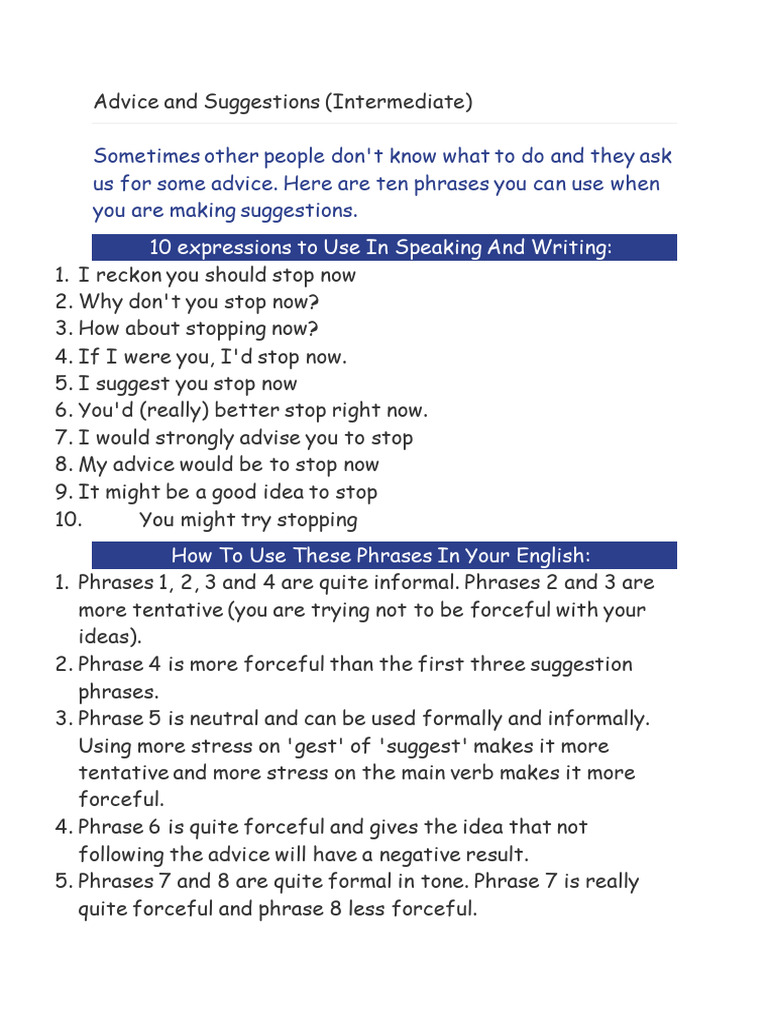 Advice and Suggestions | PDF | Verb | English Language