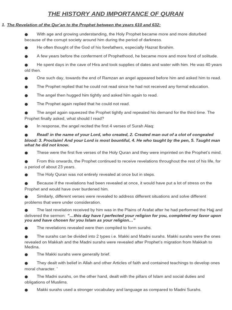 THE HISTORY AND IMPORTANCE OF QURAN For IGCSE/O LEVEL ISLAMIYAT | PDF ...
