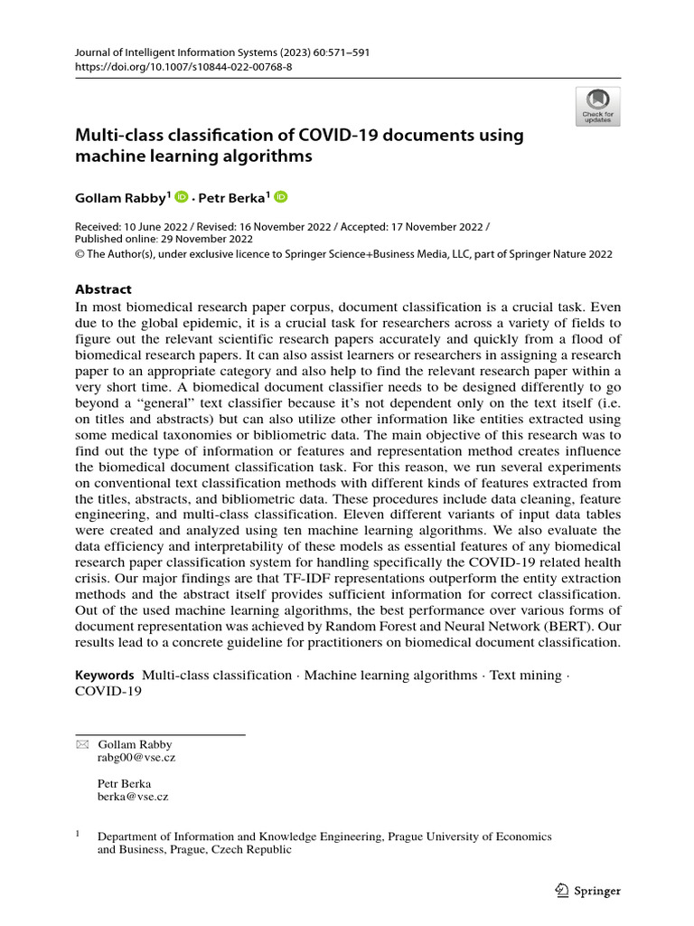 Multi-class Classification of COVID-19 Documents Using Machine Learning ...