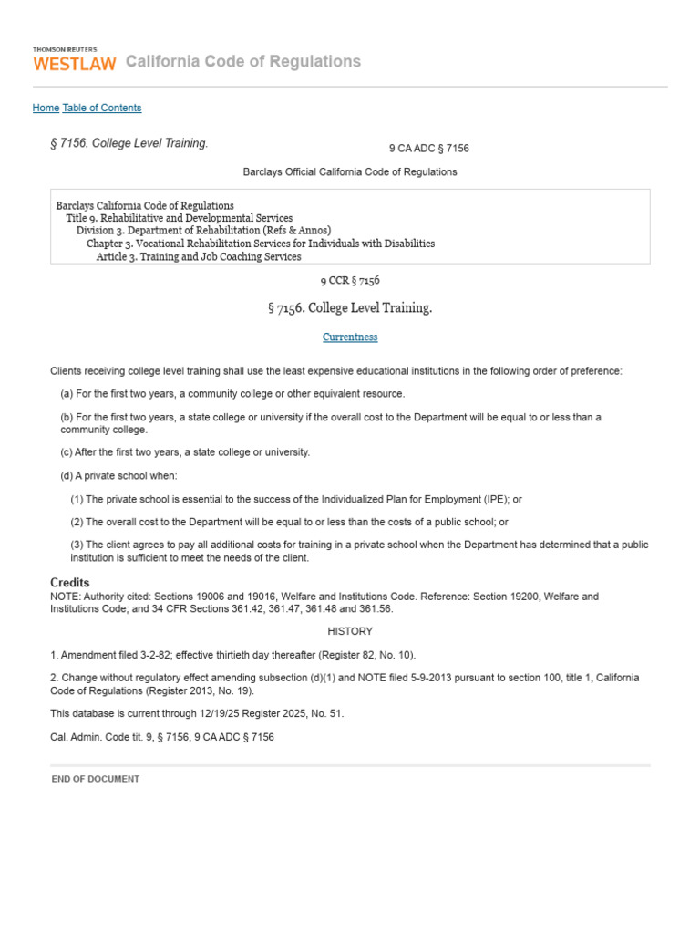 7156 College Level Training - California Code of Regulations | PDF
