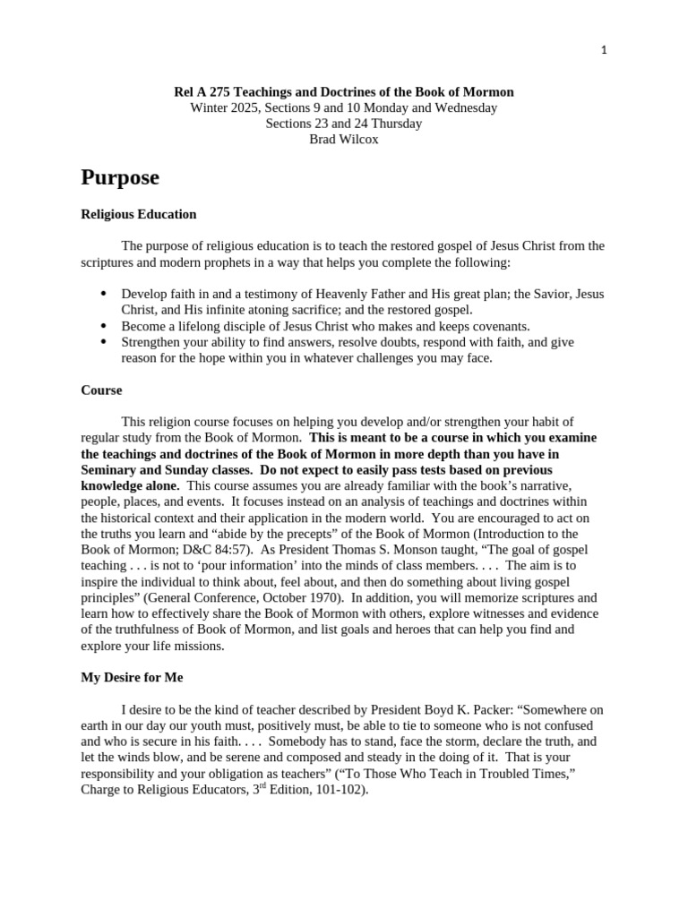 Rel 275 Syllabus Teachings and Doctrines of the Book of Mormon With ...
