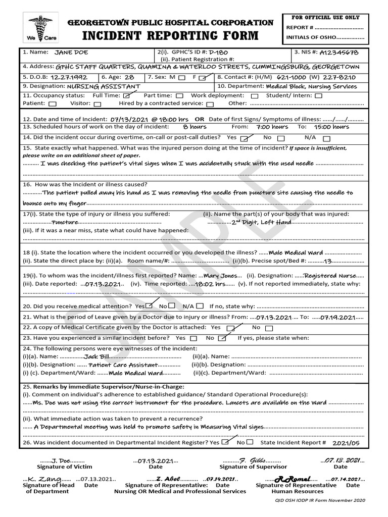 Sample of Filled Staff Incident Reporting Form | PDF | Medicine ...