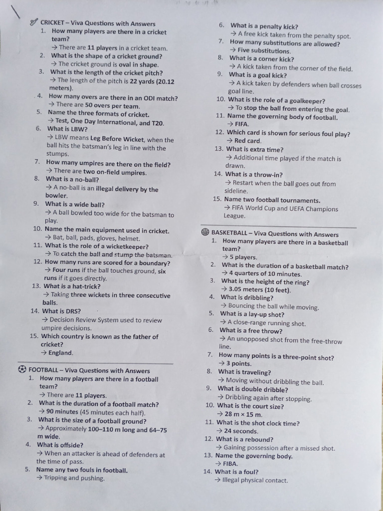 Sports Viva Questions and Answers Guide | PDF | Cricket | Ball Games