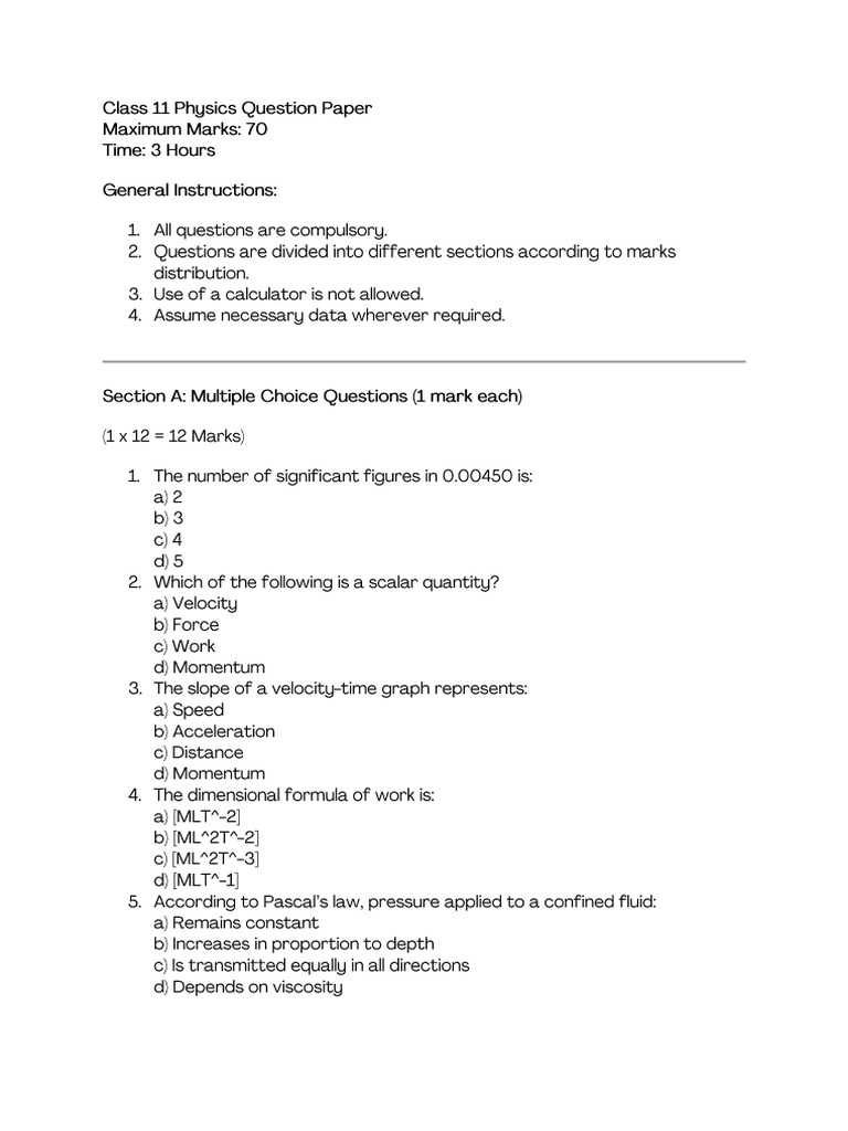 Class 11 Physics Question Paper | PDF