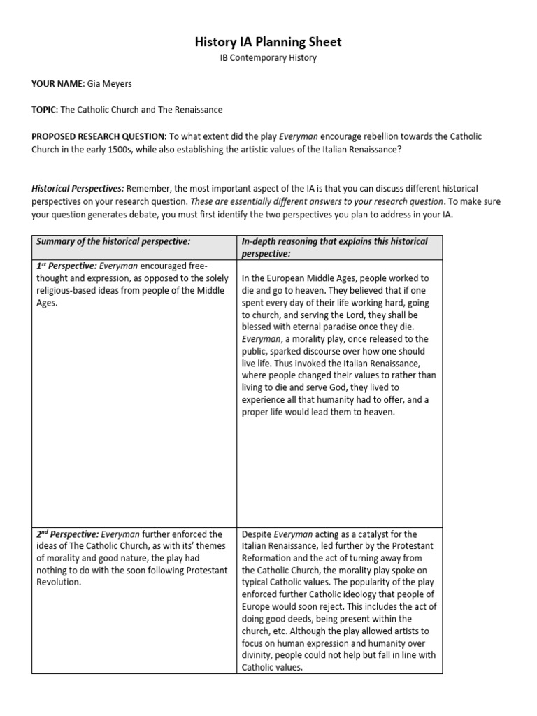 History IA Planning Sheet | PDF | Renaissance | Protestantism
