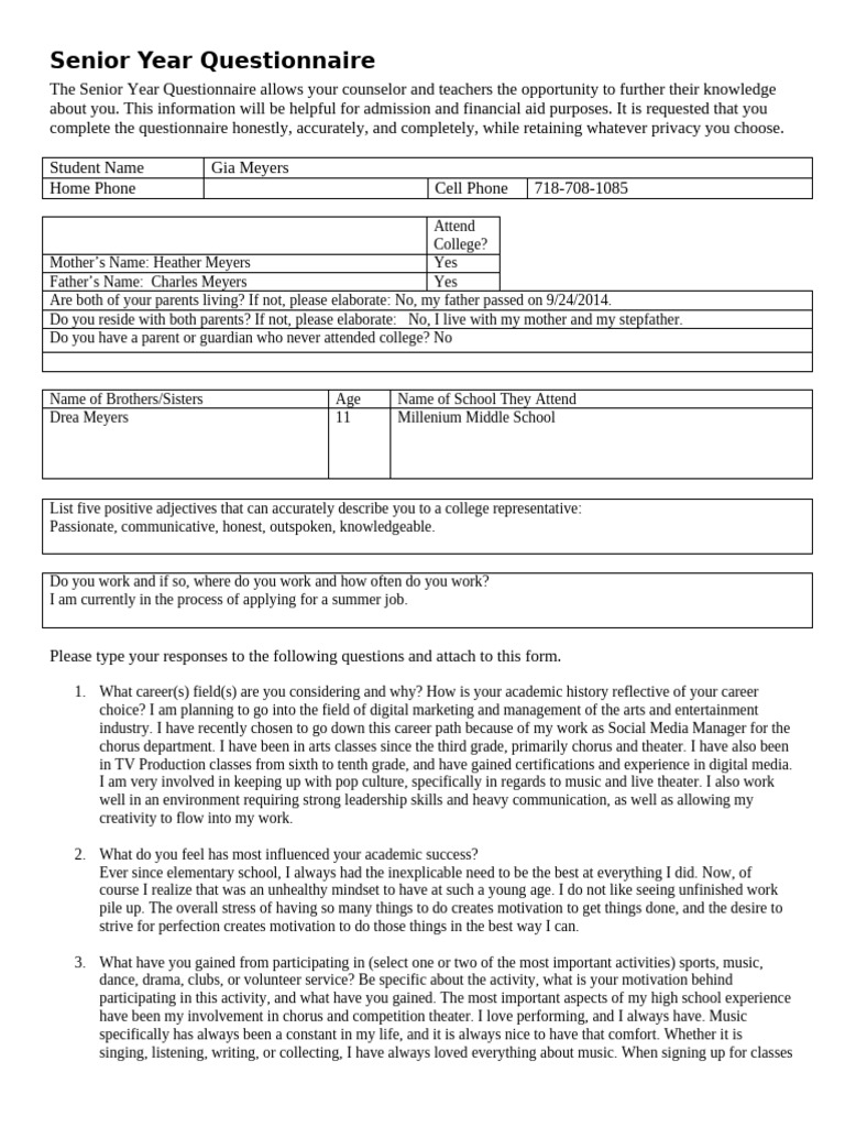 Senior Year College Questionnaire | PDF | Motivation | Motivational