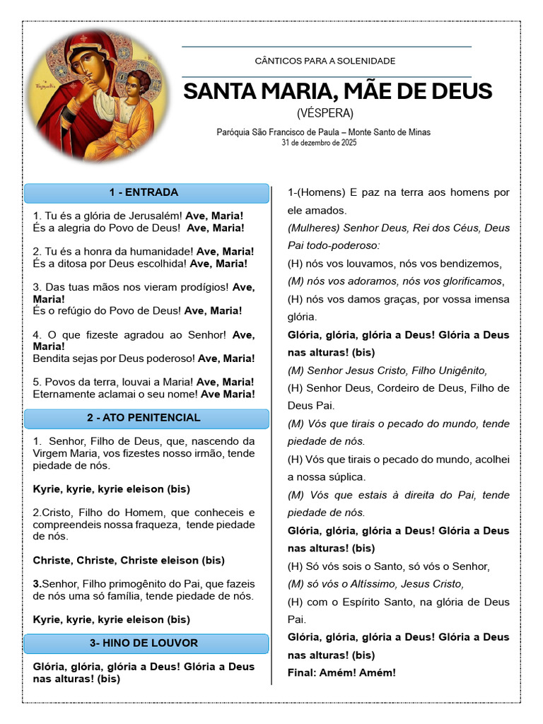 Cânticos Para a Solenidade de Santa Maria Mãe de Deus | PDF | Maria ...