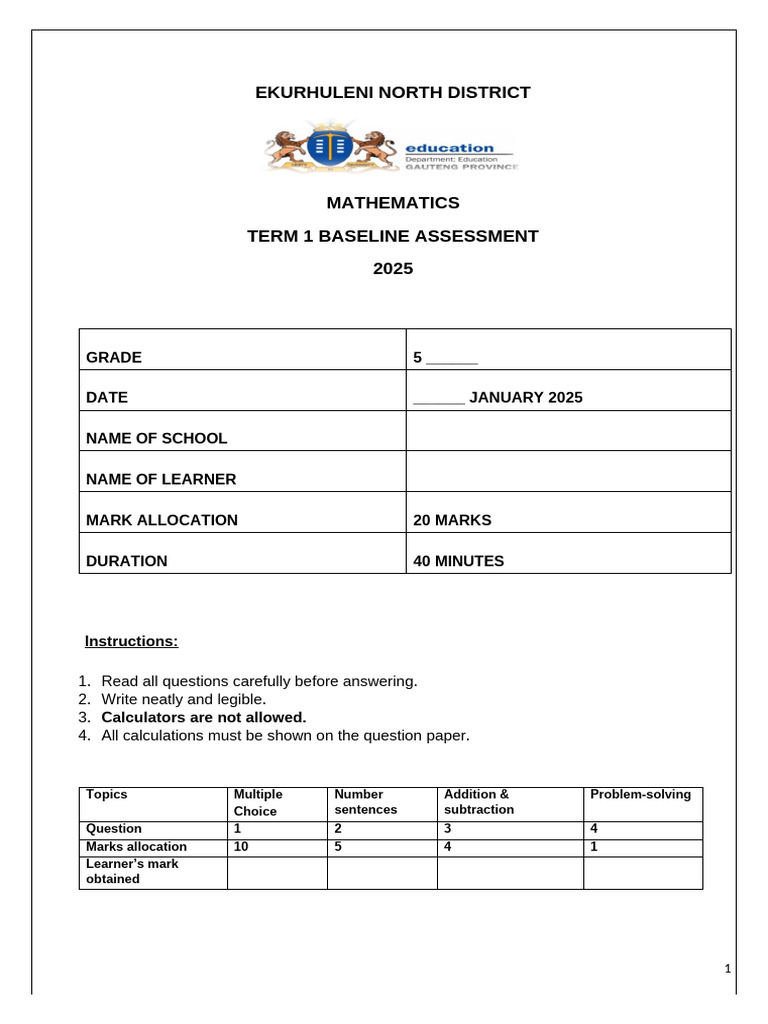 2025 Grade 5 Mathematics Baseline Assessment 2 | PDF | Numbers | Chess