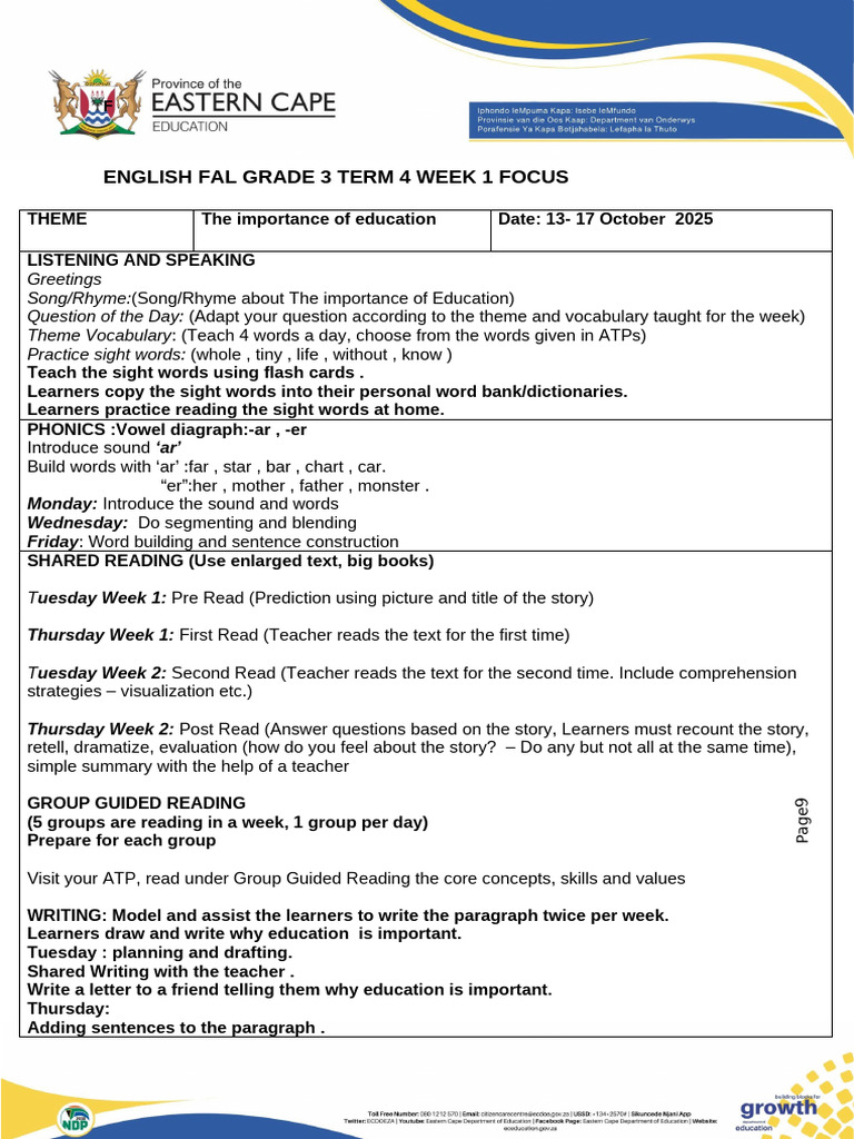 Grade 3 Term 4 Week 1 Focus English Fal[1][2][2] | PDF