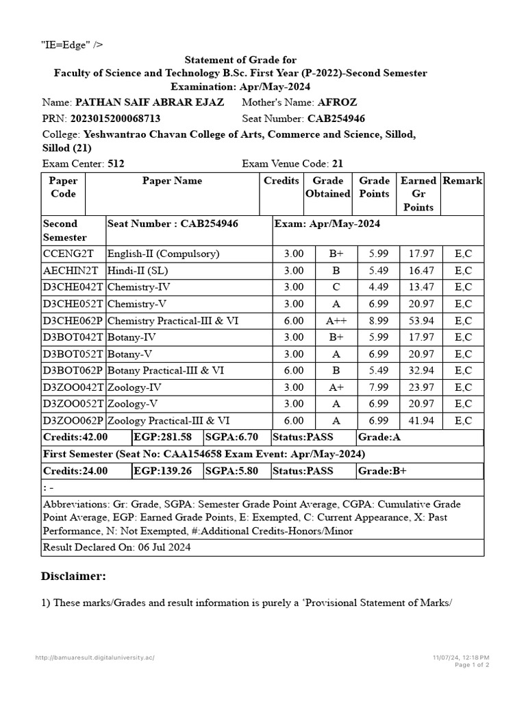 B.Sc. First Year Grade Statement 2024 | PDF | Higher Education | Tests