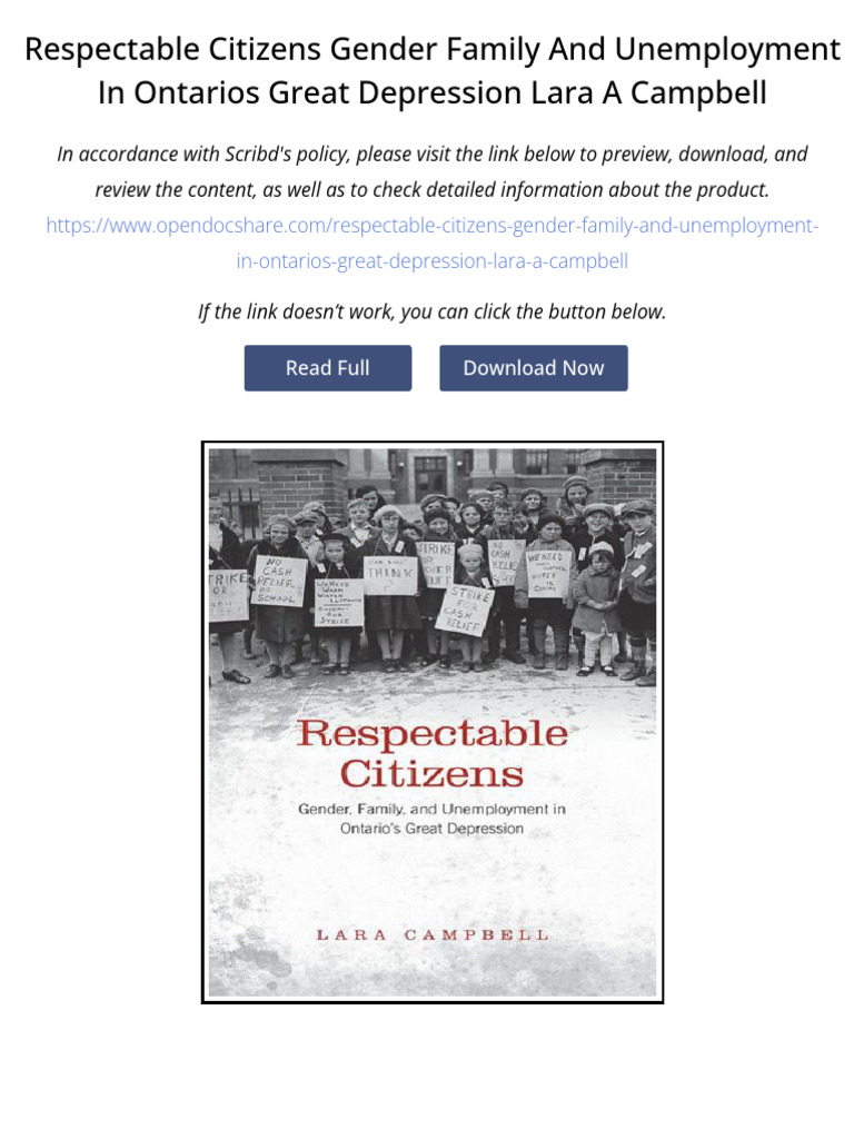 Respectable Citizens Gender Family And Unemployment In Ontarios Great ...