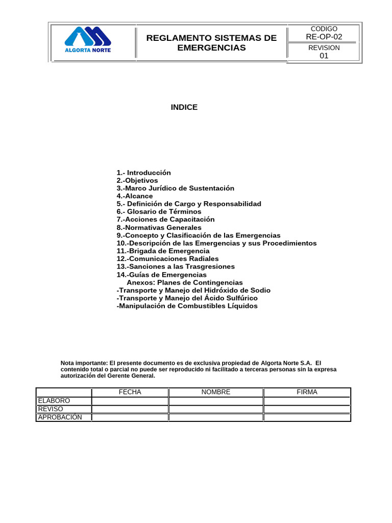 Re-Op-02 - Reglamento Sistemas de Emergencias (Rev1) | PDF | Minería ...