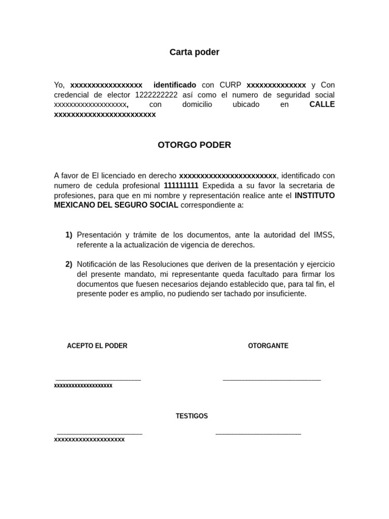 Carta Poder para Trámites IMSS | PDF