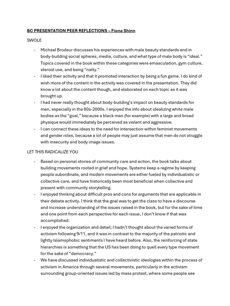 Bc Presentation Peer Reflections (1) | PDF | Ecofeminism | Activism