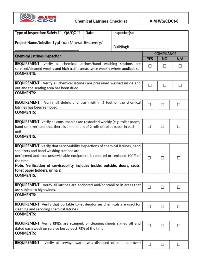 Chemical Latrines Inspection Checklist | PDF | Toilet | Disinfectant