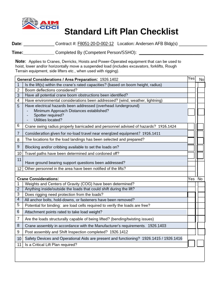 AIM WS-CDCI Lift Plan Checklist | PDF | Crane (Machine)