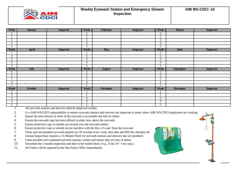 AIM WS-CDCI QC Checklist –Eye Wash Station Weekly Check List Sheet ...