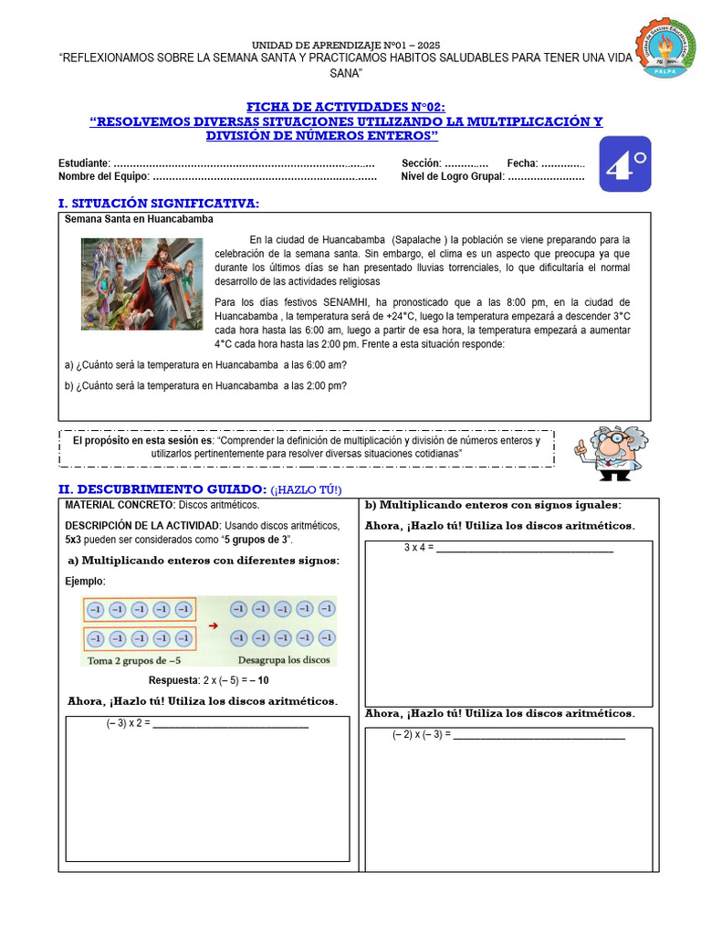Multiplicación y División de Enteros en Semana Santa | PDF | Multiplicación