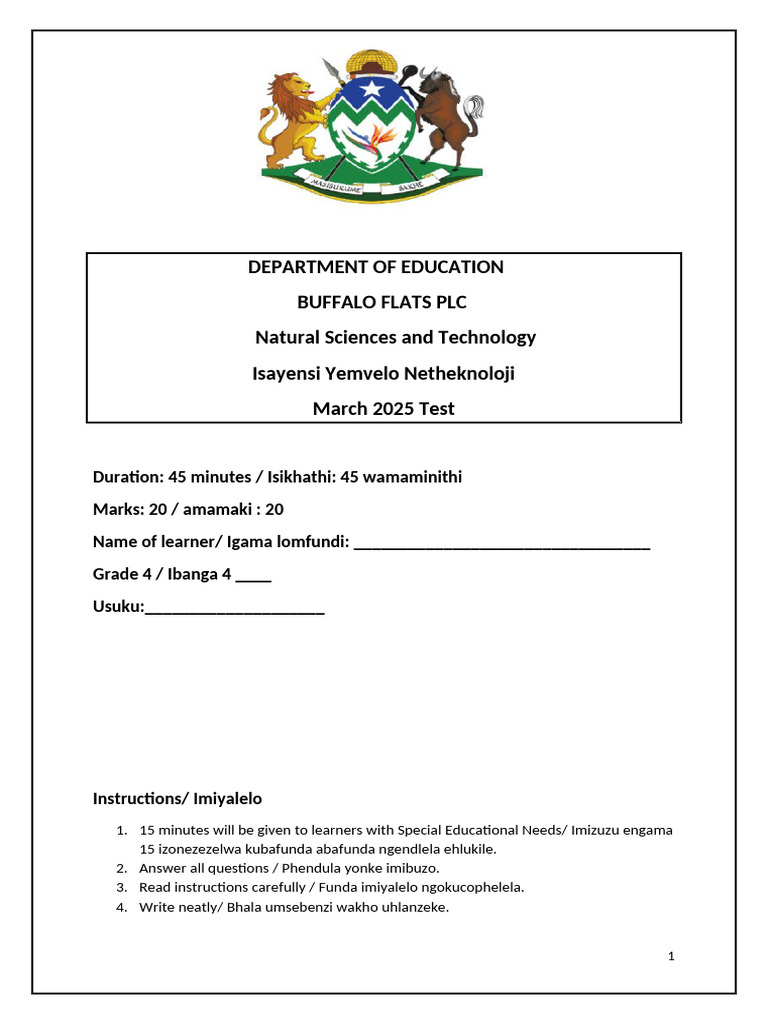 Grade 4 Natural Science Test March 2025 | PDF | Learning | Cognition
