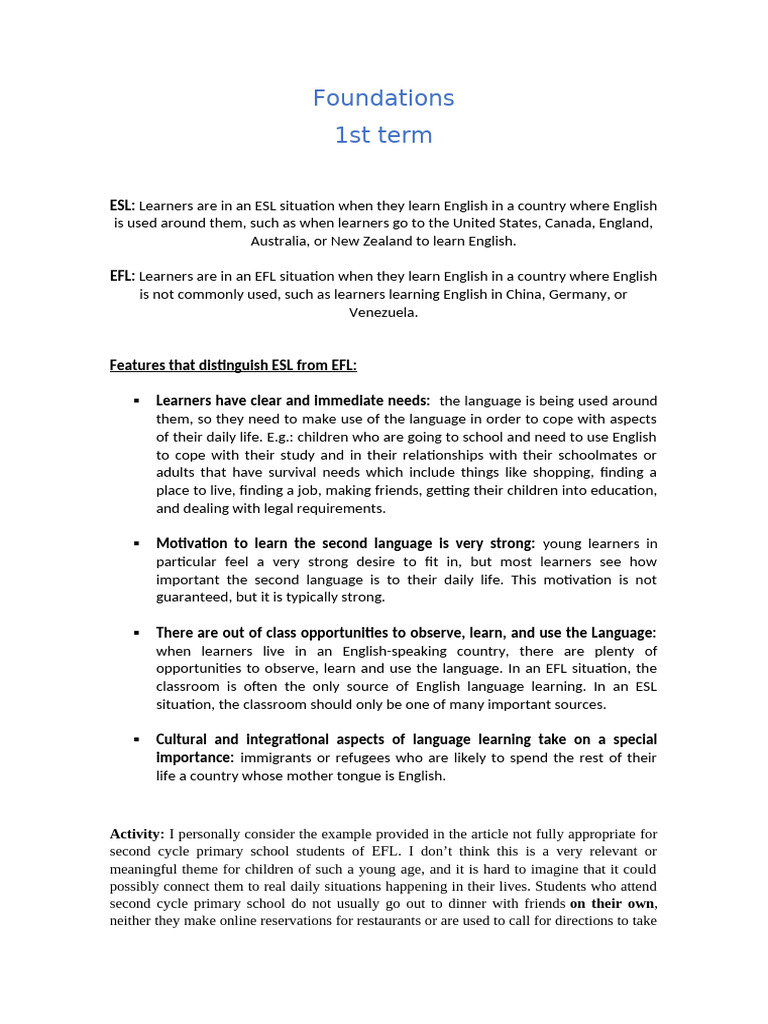 ESL vs. EFL: Key Differences Explained | PDF | Curriculum | English As ...