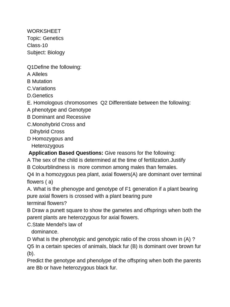 Class 10 Genetics Worksheet Guide | PDF