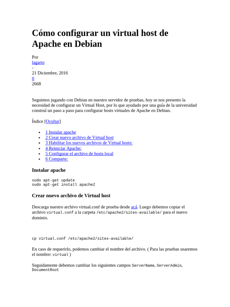 Cómo Configurar Un Virtual Host de Apache en Debian | PDF