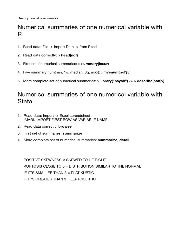 Numerical and graphical summaries for one variable with R and Stata ...