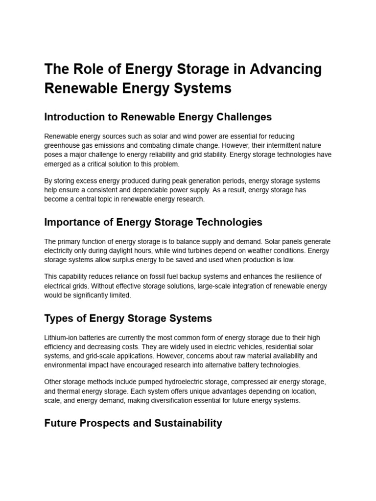 Energy Storage's Role in Renewables | PDF