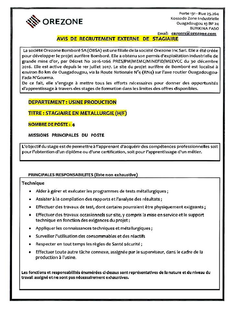 Recrutement - Orezone | PDF