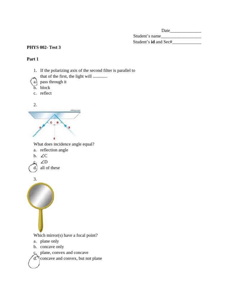 PHYS 002 Test 3: Light & Mirrors Exam | PDF | Wavelength | Mirror